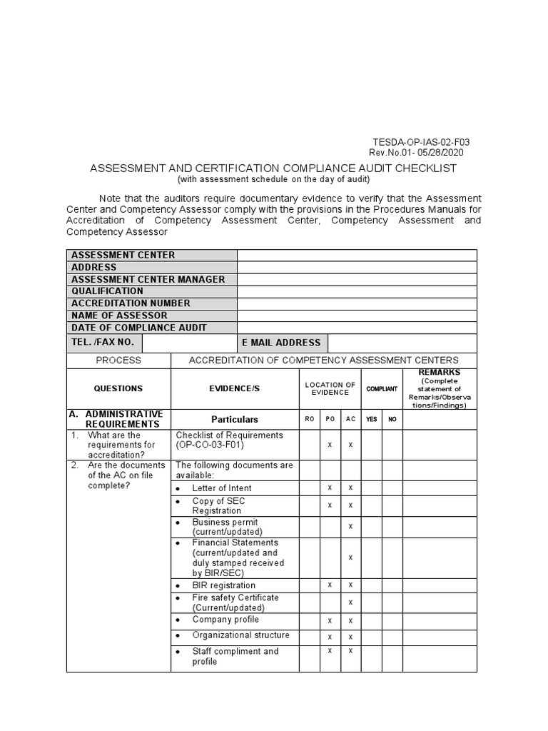 TESDA Audit Checklist for Assessment Center Compliance | PDF | Audit ...