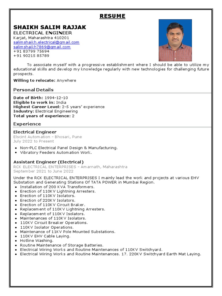 Salim Resume | PDF | Electrical Substation | Electrical Engineering