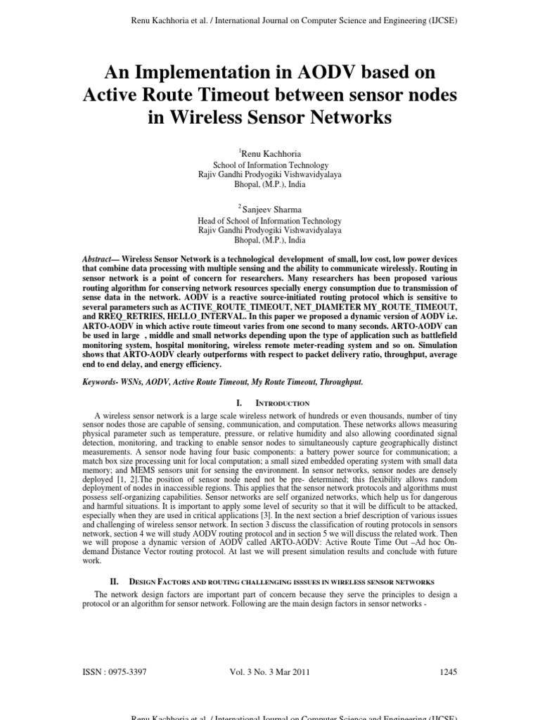 Implementing Dynamic Active Route Timeout In Aodv For Wireless Sensor Networks Pdf Routing