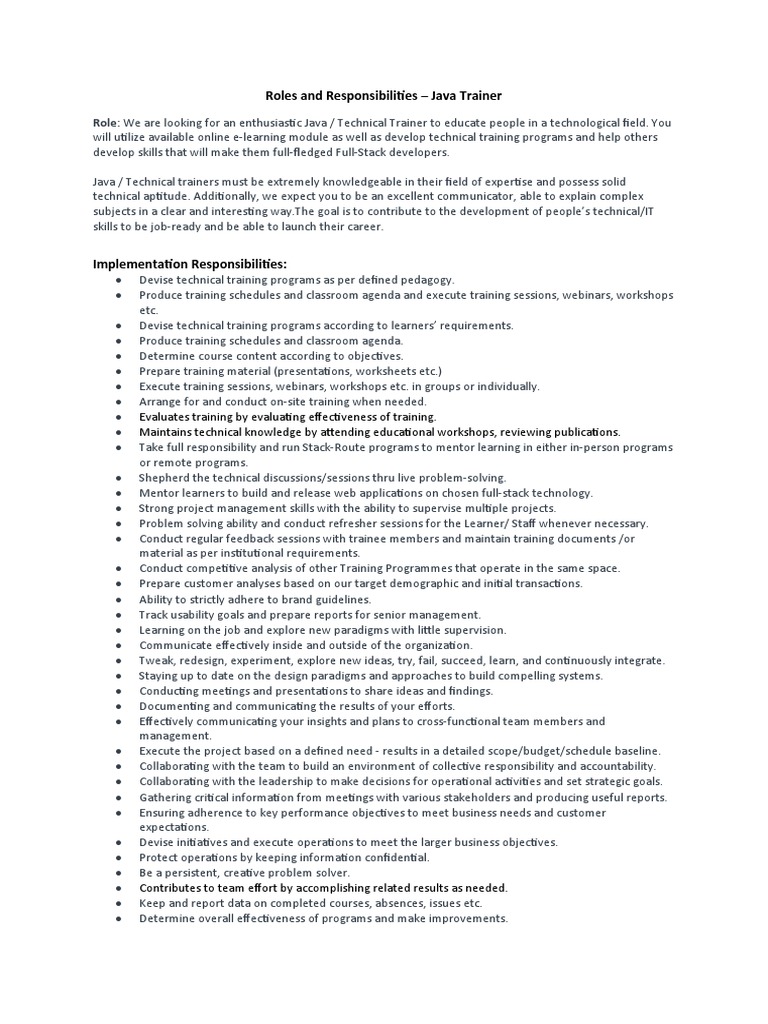 Roles and Responsibilities Java Trainer | PDF | Learning | Educational ...