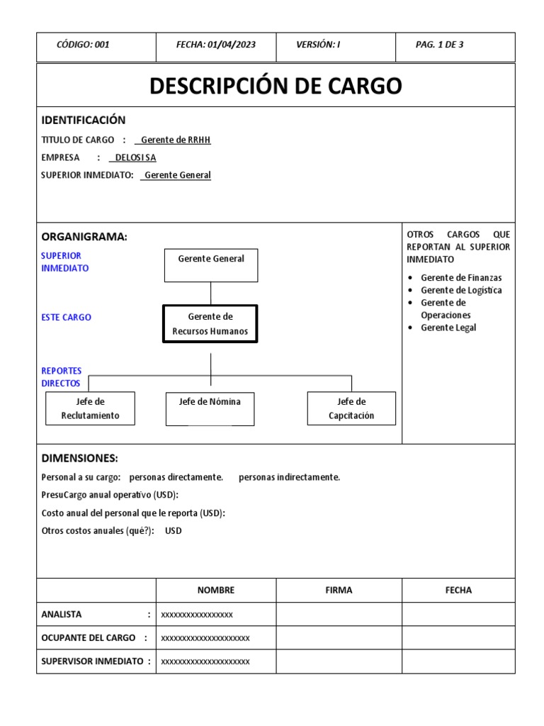DESCRIPCION CARGOS-FORMATO Ejemplo Gerente de RRHH | PDF | Gestión de recursos humanos | Liderazgo