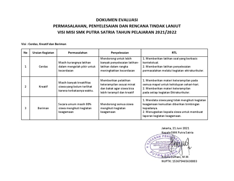 RENCANA TINDAK LANJUT VISI MISI | PDF