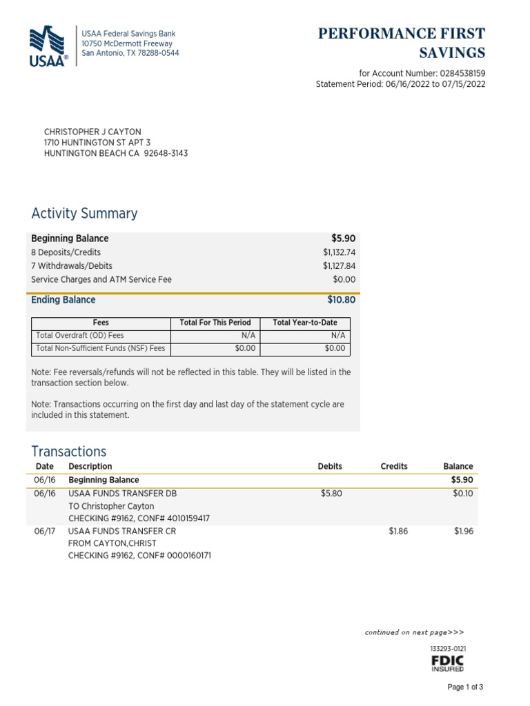USAA Savings Bank Statement Activity and Transactions | PDF | Payments ...