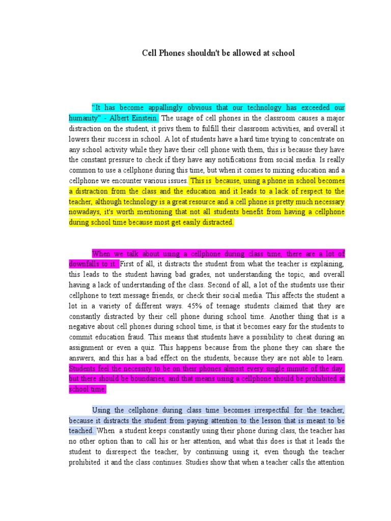 Cell Phones Shouldn't Be Allowed at School - Argumentative Essay | PDF ...