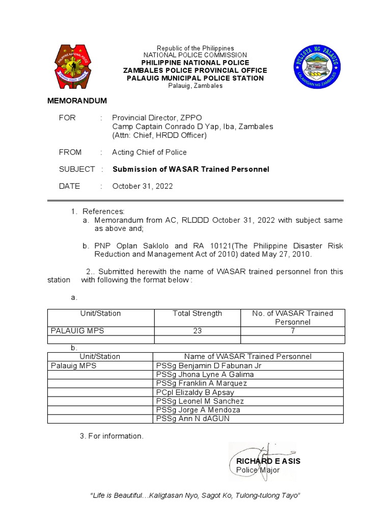 Submission of WaSAR Trained Personnel | PDF | Government | Philippines