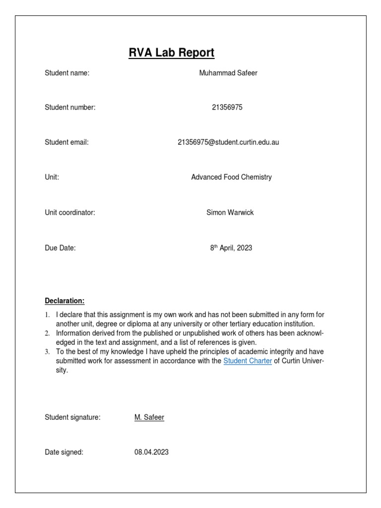 RVA Lab Report | PDF | Starch | Chemistry