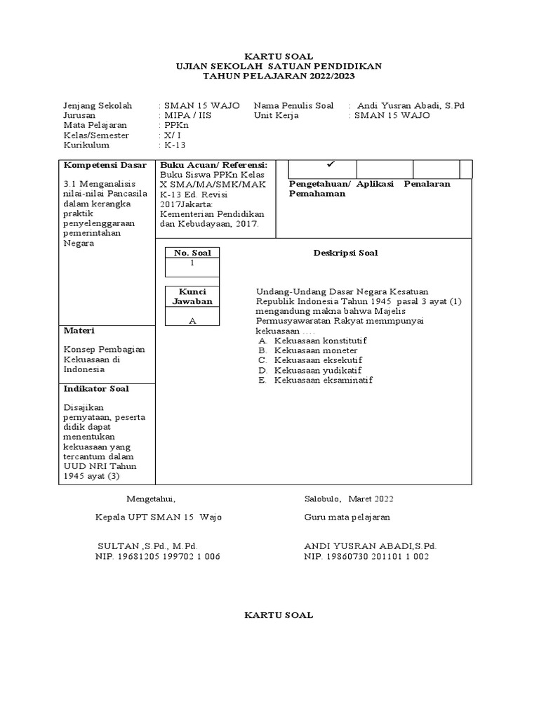 Kartu Soal Ujian Sekolah Satuan Pendidikan TAHUN PELAJARAN 2022/2023 | PDF
