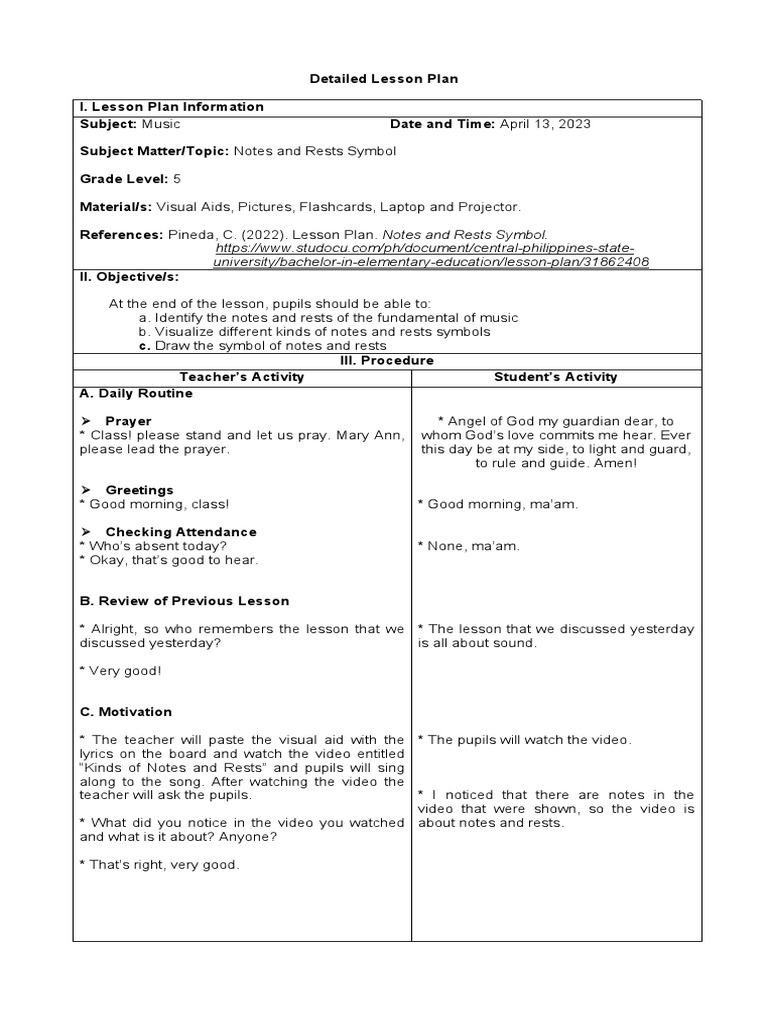 Grade 5 Music Lesson: Notes and Rests | PDF