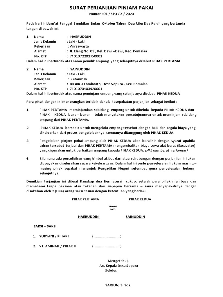 Surat Perjanjian Pinjam Pakai | PDF