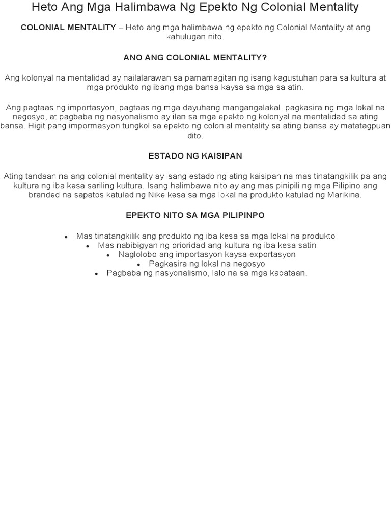 Heto Ang Mga Halimbawa NG Epekto NG Colonial Mentality-G6 | PDF