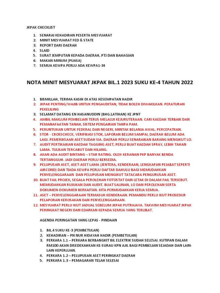 Nota Minit Mesyuarat Jkpak Bil.1 2023 Suku Ke-4 Tahun 2022 | PDF