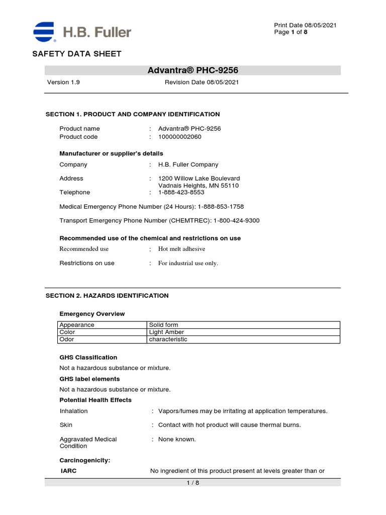 Advantra® PHC-9256: Safety Data Sheet | PDF | Firefighting | Toxicity