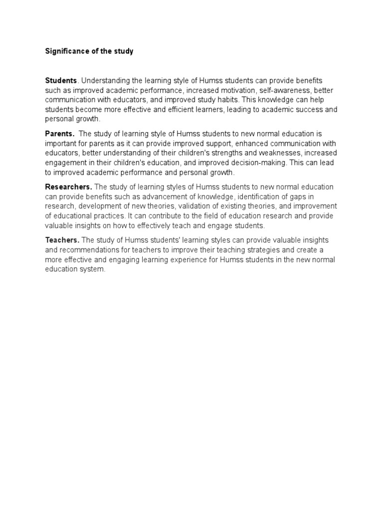 Significance of The Study: Teachers. The Study of Humss Students ...
