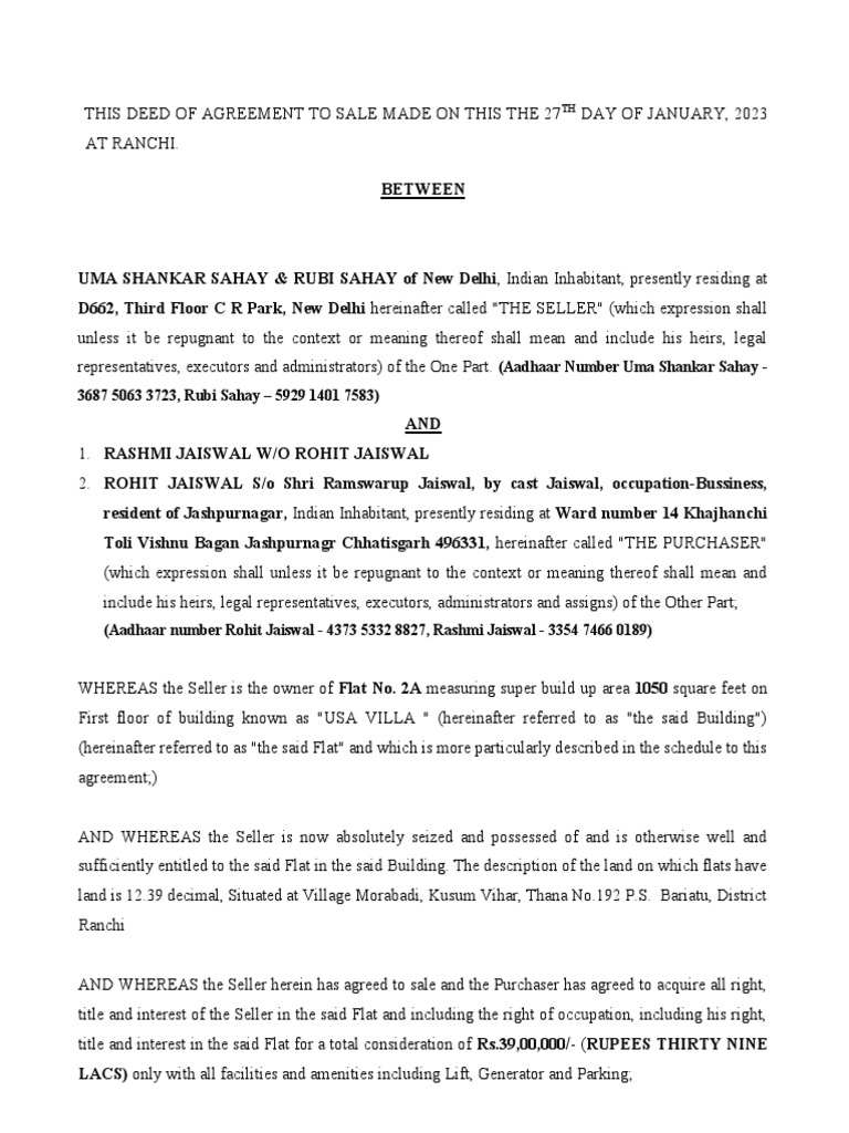 2A - Sale Agreement | PDF | Deed | Lien