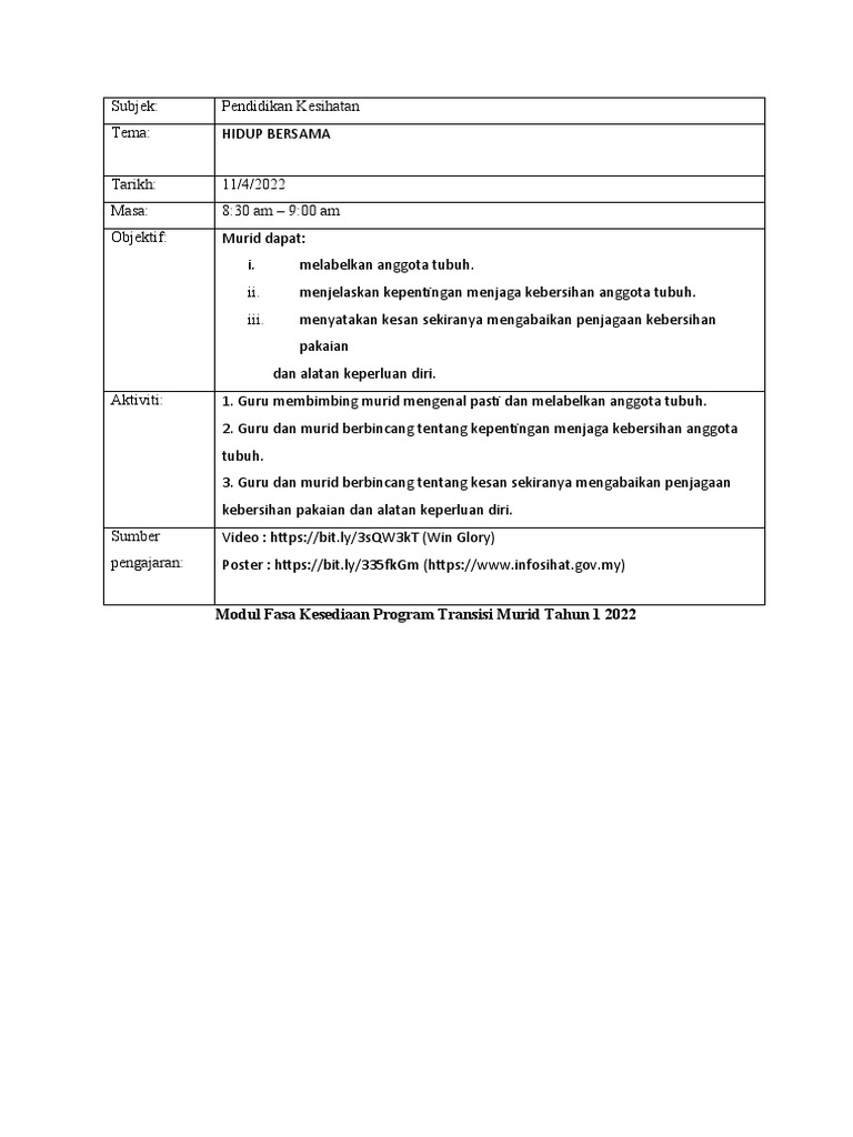 M4 (PK) Modul Fasa Kesediaan Program Transisi Murid Tahun 1 2022 | PDF