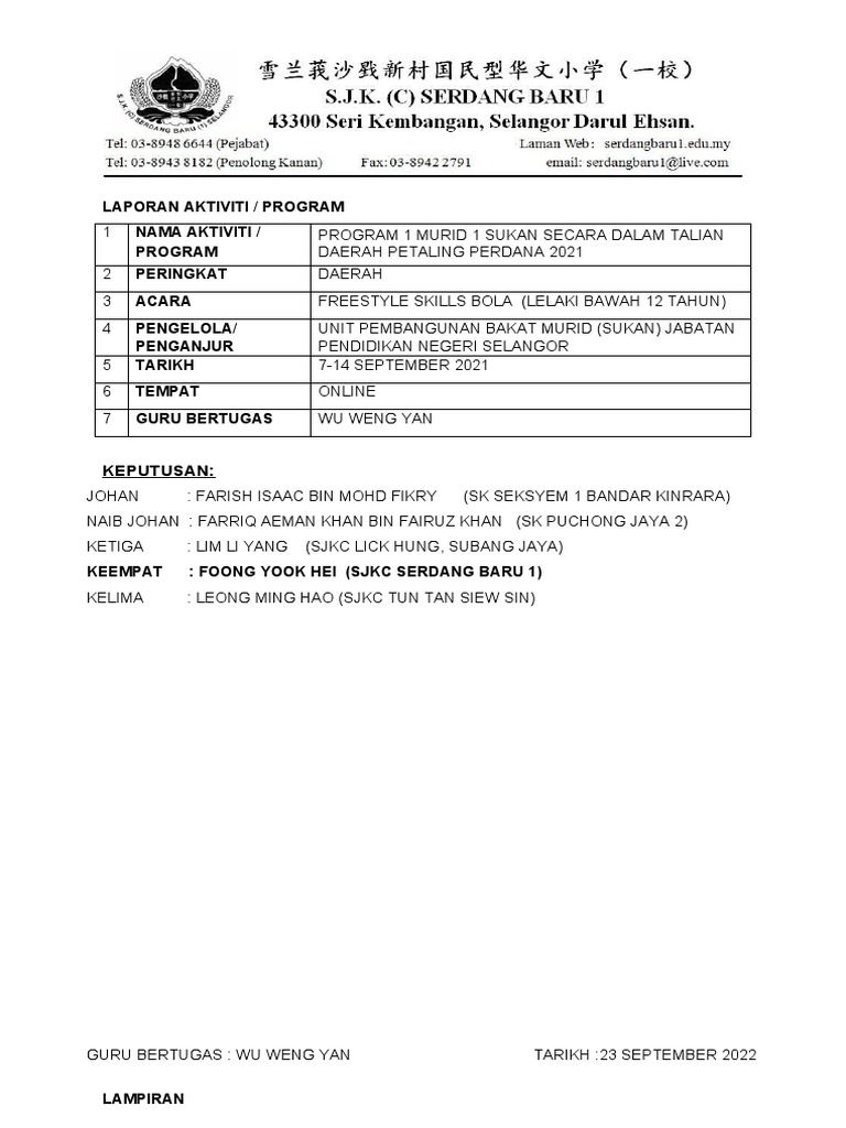 2021 Laporan Program 1 Murid 1 Sukan | PDF