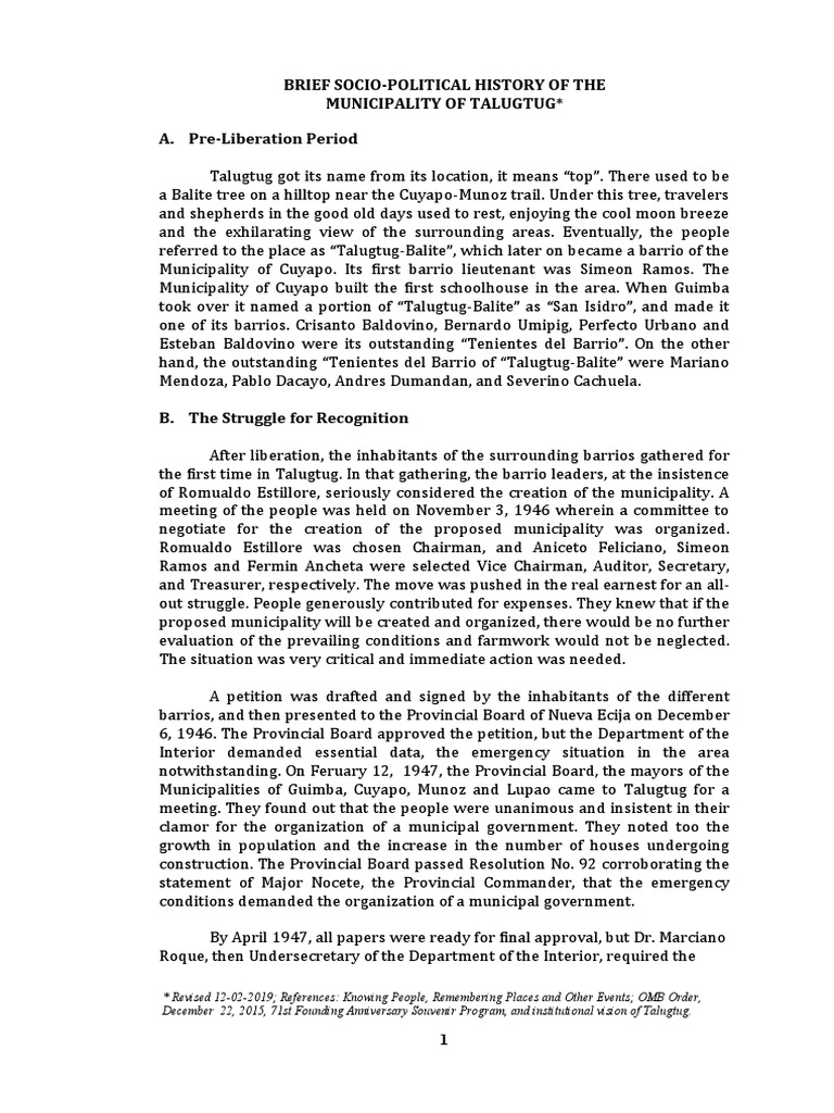 Brief Socio-Political History of The Municipality of Talugtug A. Pre ...