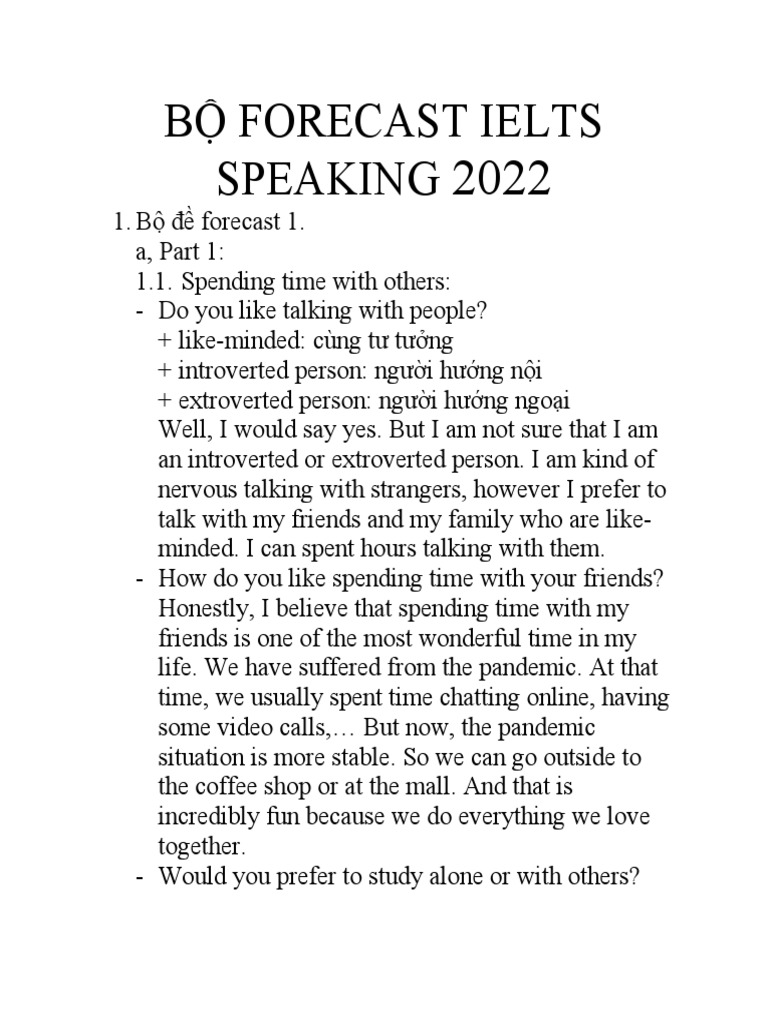 Bộ Forecast Ielts Speaking 2022 | PDF