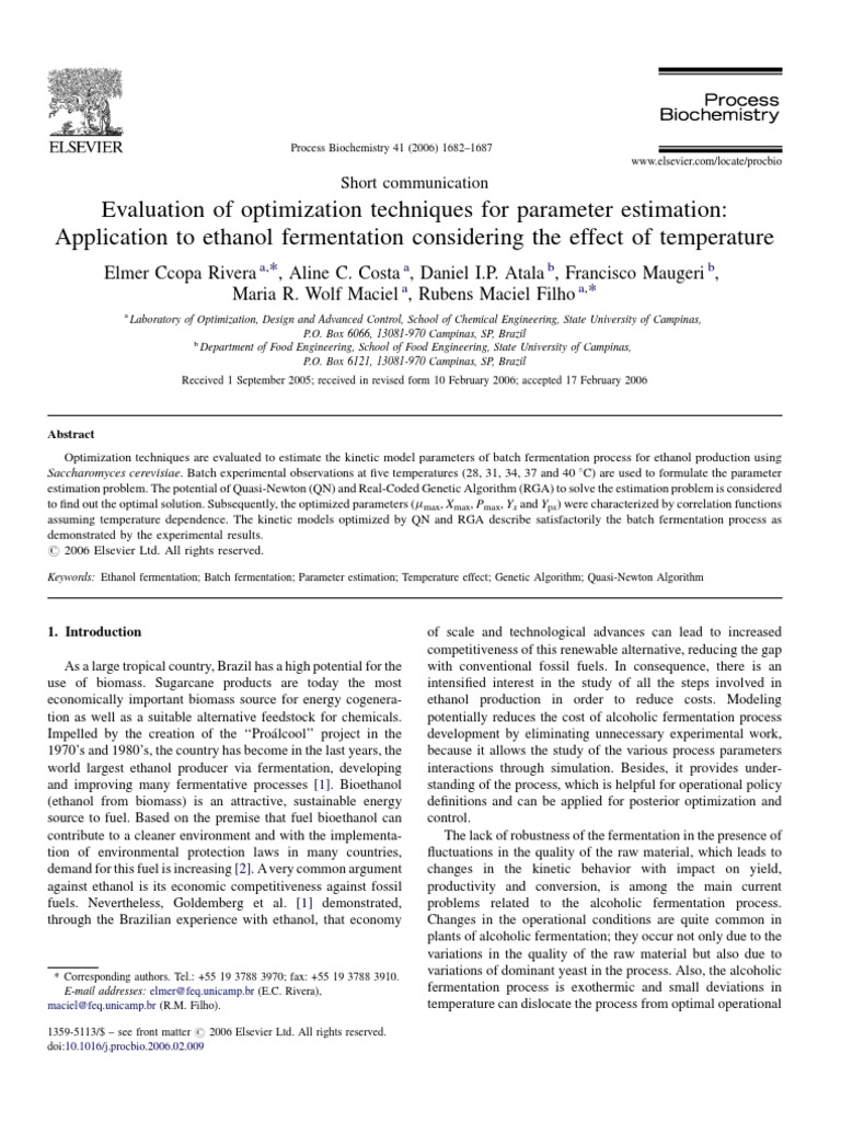 Evaluation Of Optimization Techniques For Parameter Estimation Application To Ethanol