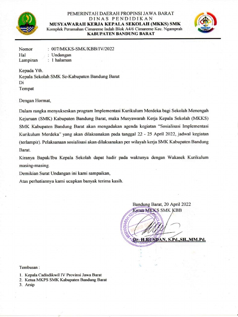 Surat Undangan Sosialisasi Kurikulum Merdeka | PDF