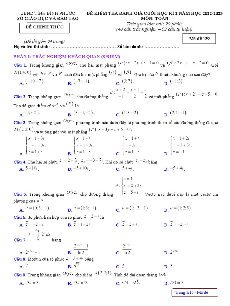 Giải chi tiết đề HK2 toán 12 tỉnh Bình Phước 2022 2023 Made 139 | PDF