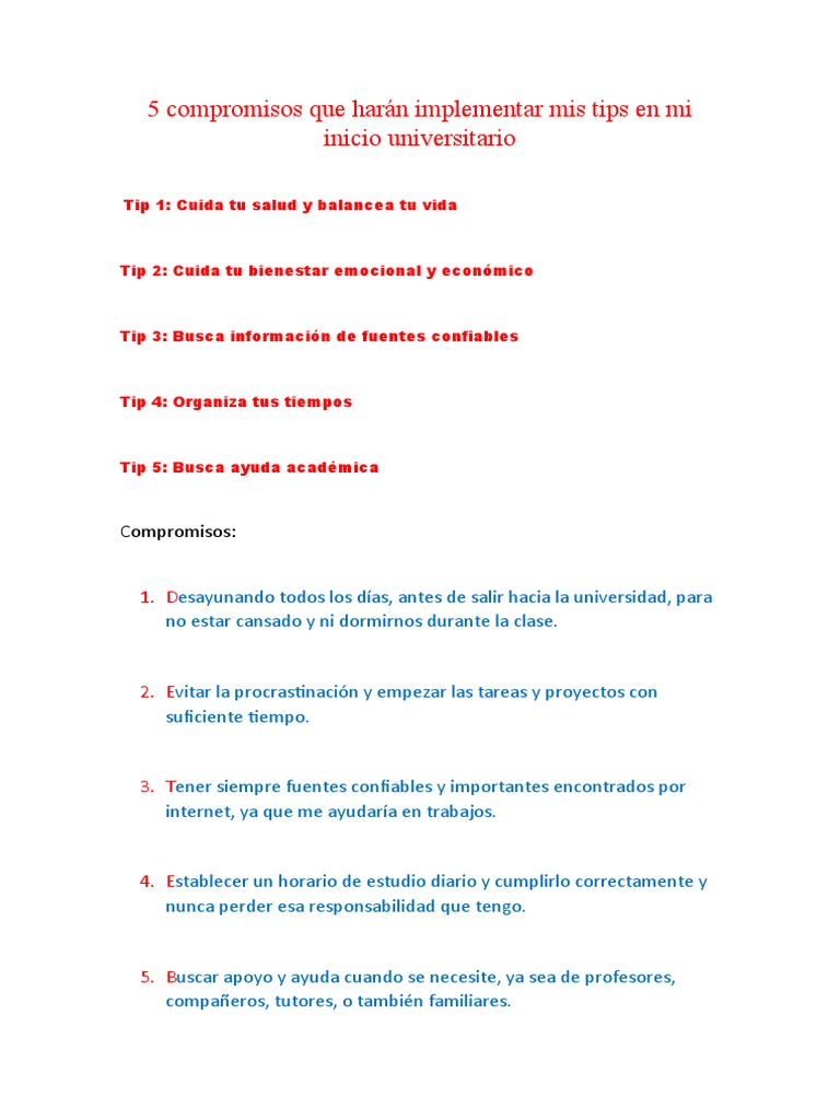 5 Compromisos Que Harán Implementar Mis Tips en Mi Inicio Universitario | PDF