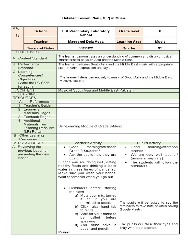 Detailed Lesson Plan in Music For Grade 8-Pakistan | PDF