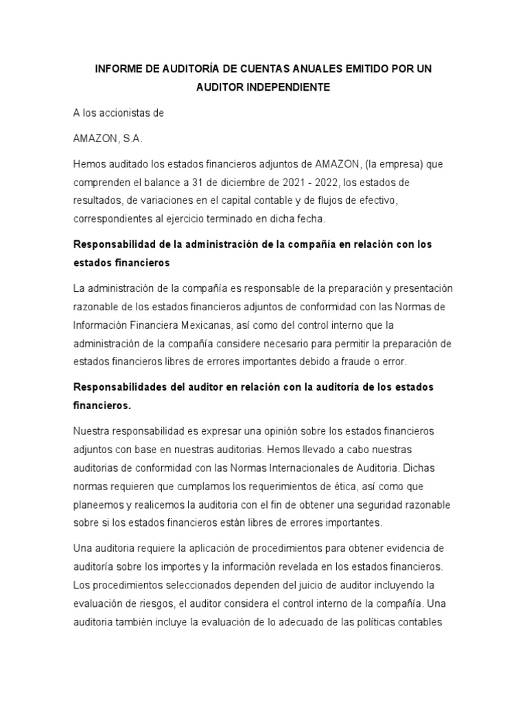 Ejemplo de Informe de Auditoria | PDF | Auditoría | Contralor