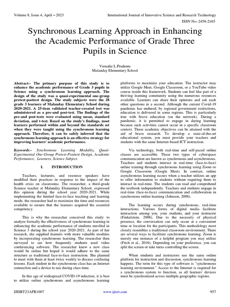 Synchronous Learning Approach In Enhancing The Academic Performance Of Grade Three Pupils In 