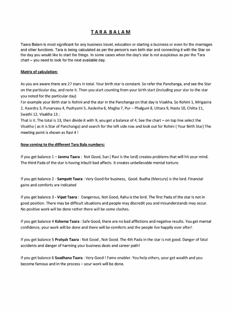 Tarabalam Muhurta Table | Download Free PDF | Hindu Astrology ...