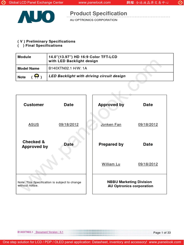 B140XTN02.1 LCD Panel Specifications | PDF | Thin Film Transistor ...