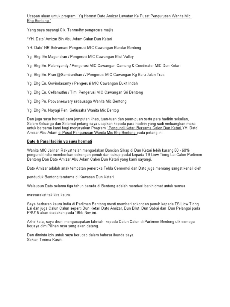 Ucapan Aluan JR PRU-15 Ketari | PDF | Ilmu Sosial