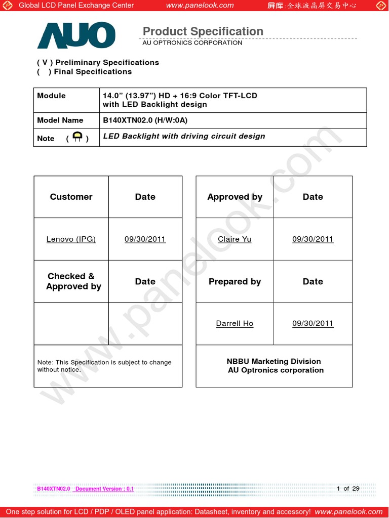 Panel - AOU B140XTN02.0 (HW0A) - Datasheet | PDF | Thin Film Transistor ...