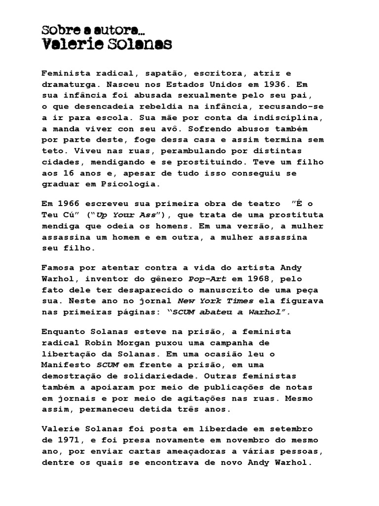 Valerie Solanas: Feminismo Radical e SCUM | PDF | Ciências Sociais