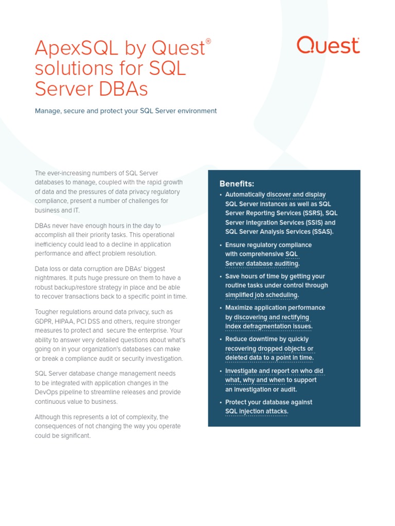 Apexsql Solutions For Sql Server Dbas Datasheet 141177 Pdf Microsoft Sql Server Databases