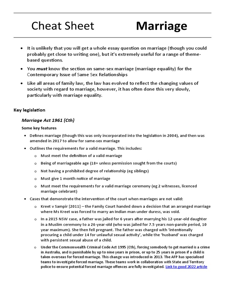 Cheat Sheet Marriage | PDF | Marriage Act 1961 (Australia) | Same Sex ...