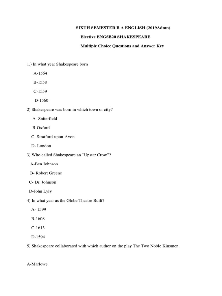 Sixth Semester B A English (2019admn) Elective ENG6B20 SHAKESPEARE ...