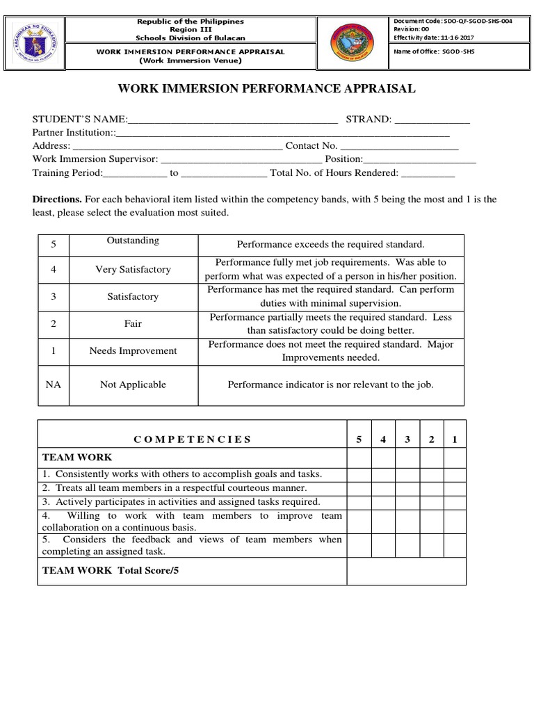 Work Immersion Performance Appraisal | PDF | Performance Appraisal | Judgment (Law)