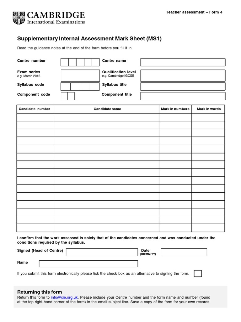 Supplementary Internal Assessment Mark Sheet ms1 Teacher Assessment ...
