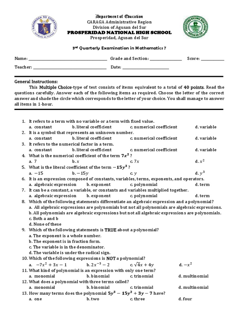 3 Quarterly Examination in Mathematics 7 | PDF | Polynomial | Variable (Mathematics)