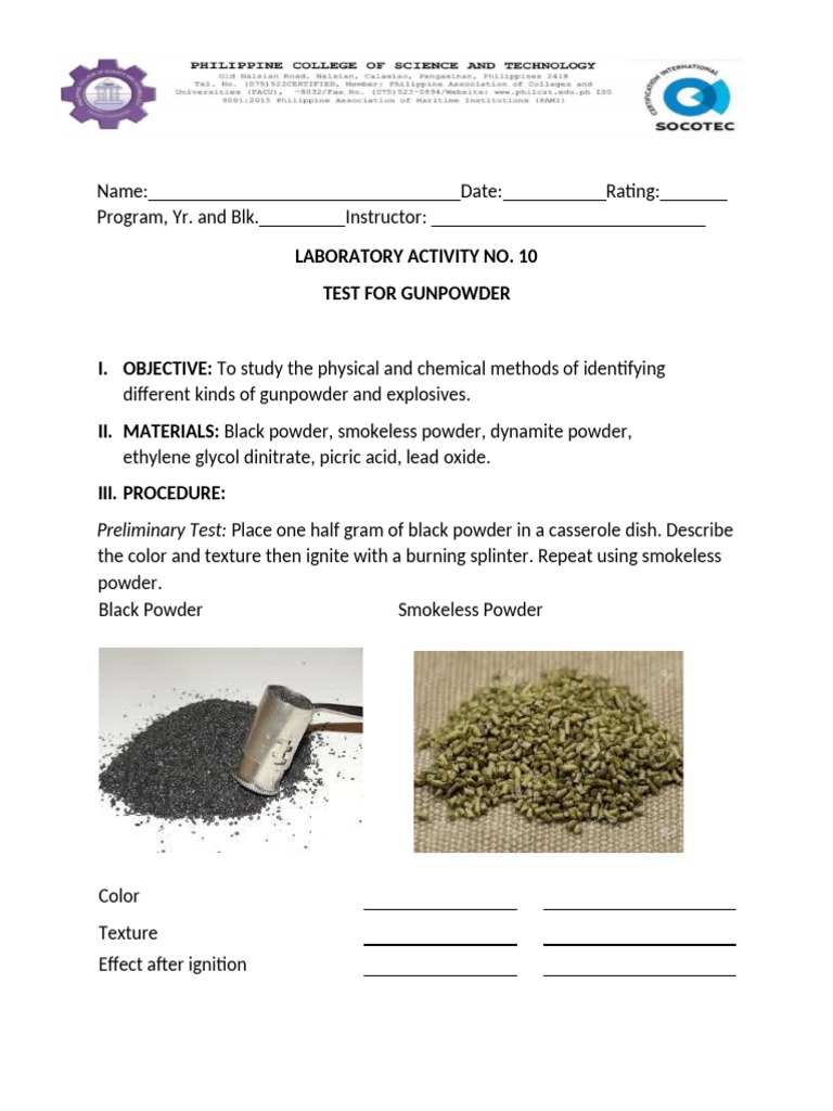 LABORATORY ACTIVITY NO. 10 FORENSIC TEST FOR GUNPOWDER | PDF