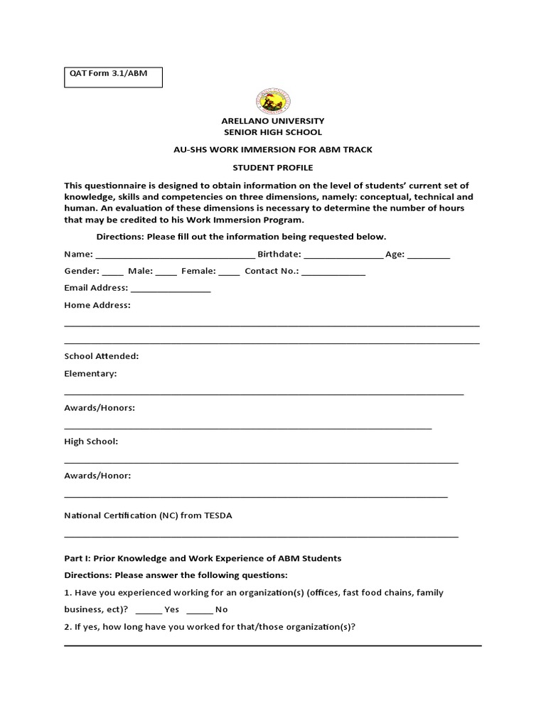 ABM Work Immersion Student Profile Form | PDF | Career & Growth | Computers