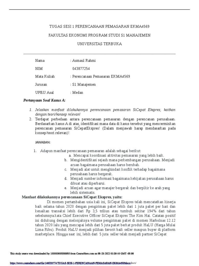 Tugas Sesi 1 Perencanaan Pemasaran Ekma4569 | PDF | Pengelolaan Keuangan & Uang