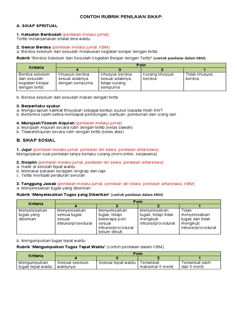 Contoh Rubrik Penilaian Sikap Siswa | PDF