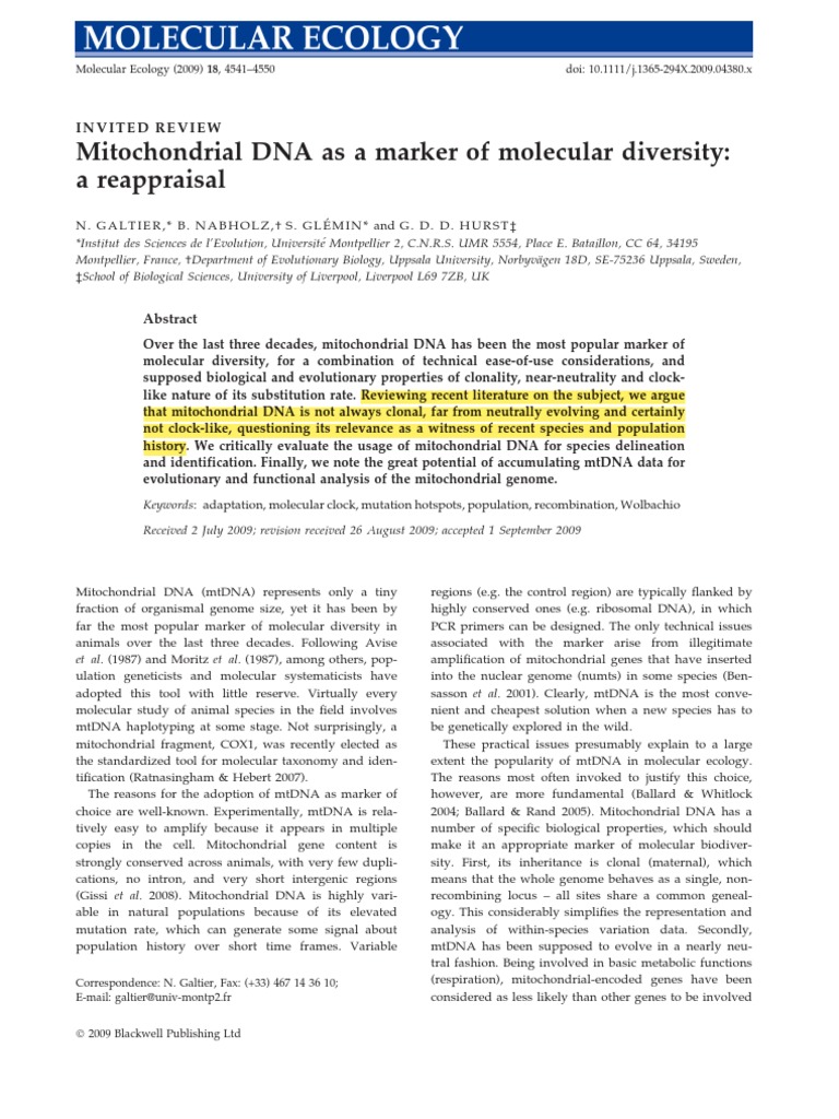 Molecular Ecology - 2009 - GALTIER - Mitochondrial DNA As A Marker of Molecular Diversity A ...