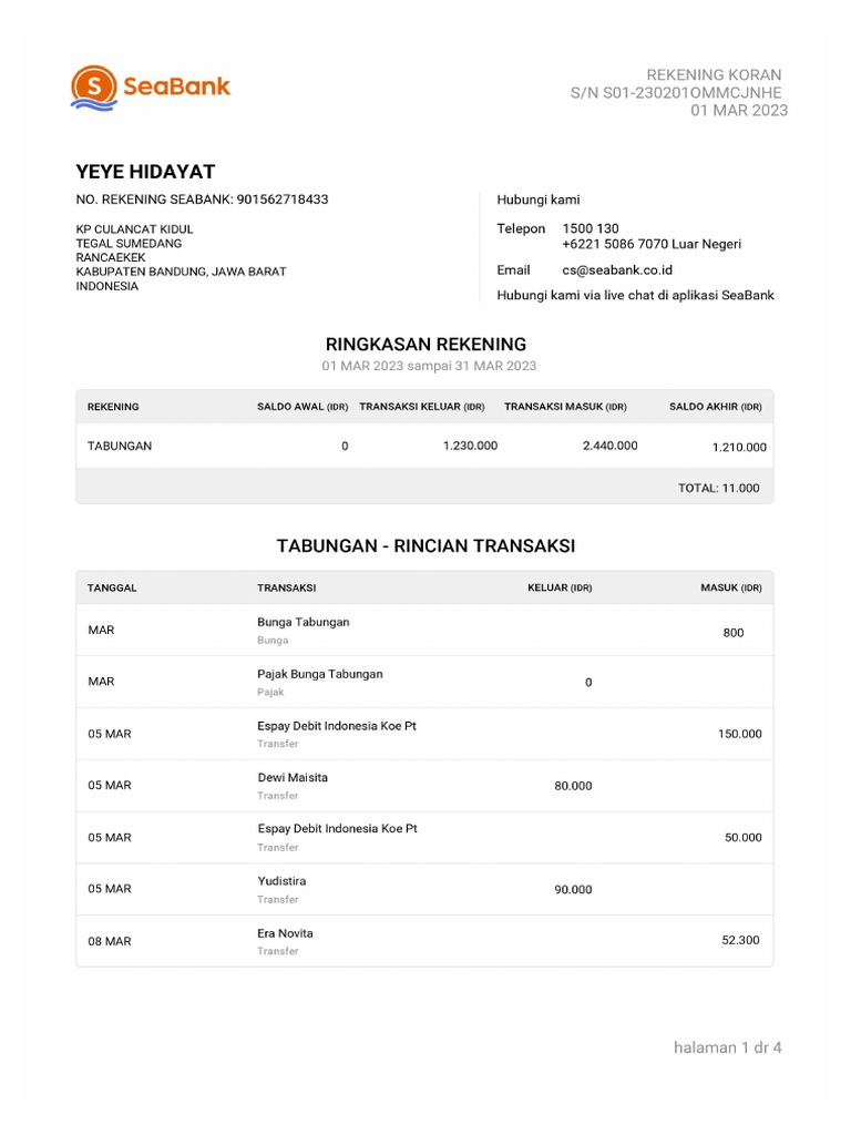 E Statement Sea Bank | PDF
