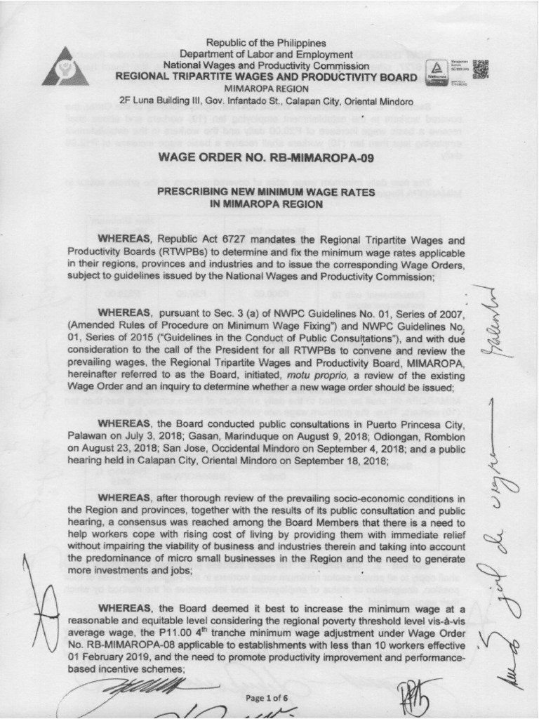 Wage Order No - RB MIMAROPA 09 | PDF