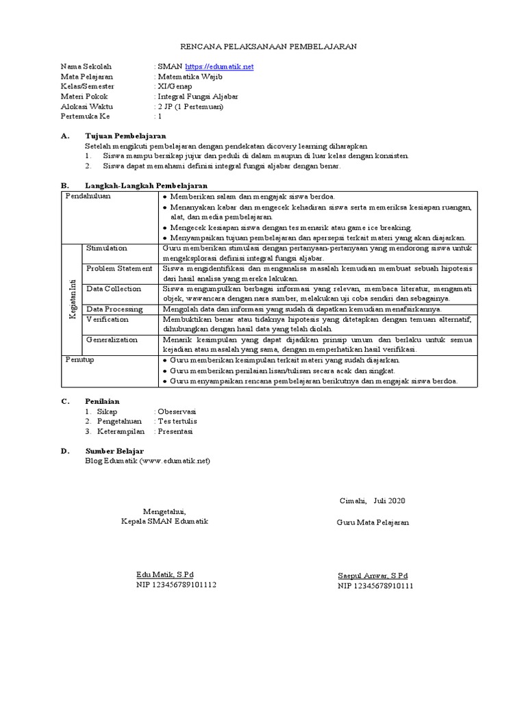 RPP 1 Lembar Integral Fungsi Aljabar | PDF