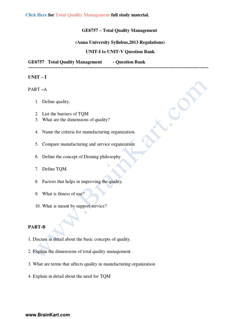 058 - GE8077, GE6757 Total Quality Management TQM - Question Bank 2 | PDF | Quality Management ...