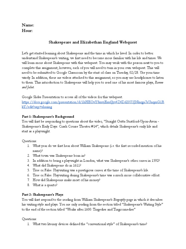 La 9 - Shakespeare and Elizabethan England Webquest | PDF